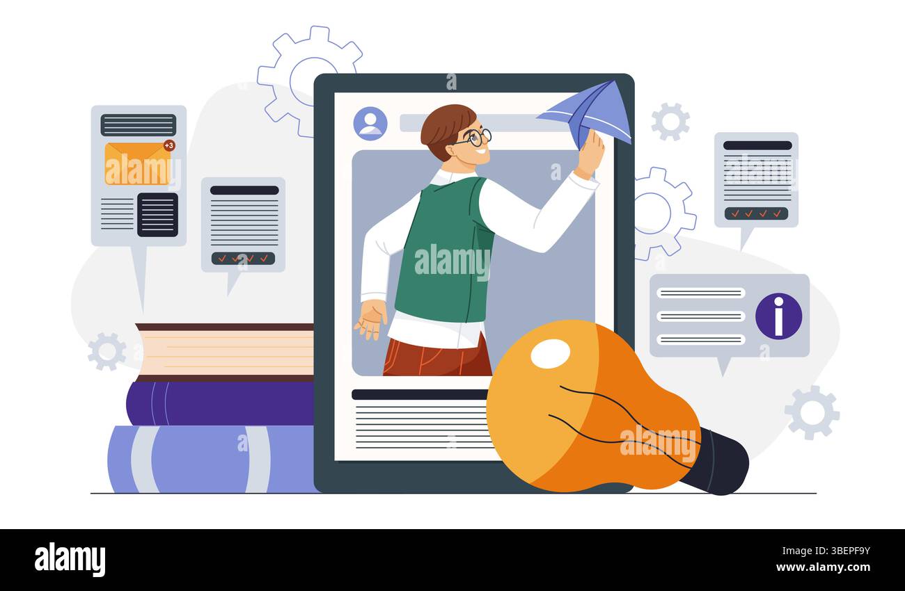 Publication structure social media. Man on smartphone screen with paper ...