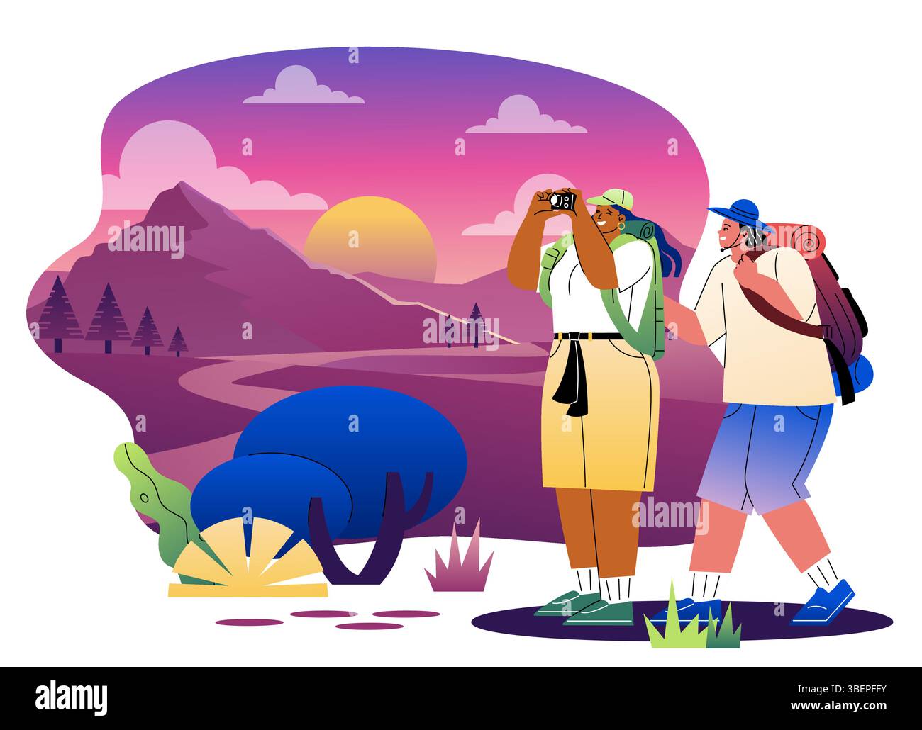 People taking pictures of sunset. Men with backpacks and camera take ...