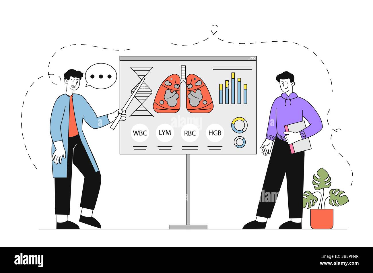 People study lungs. Two men near structure of diseased lungs. Pulmonologists study bronchi and ...