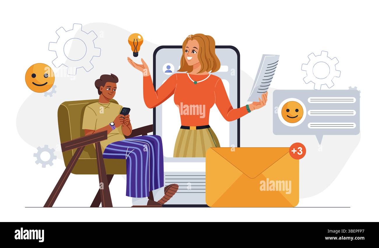 Speechwriting online concept. Woman writes script for man. Copywriter ...