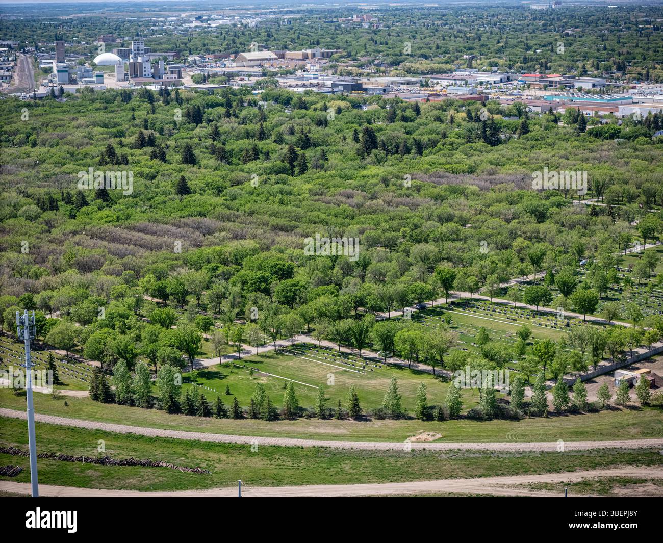 Large green field with a cemetery in the middle. The cemetery is ...