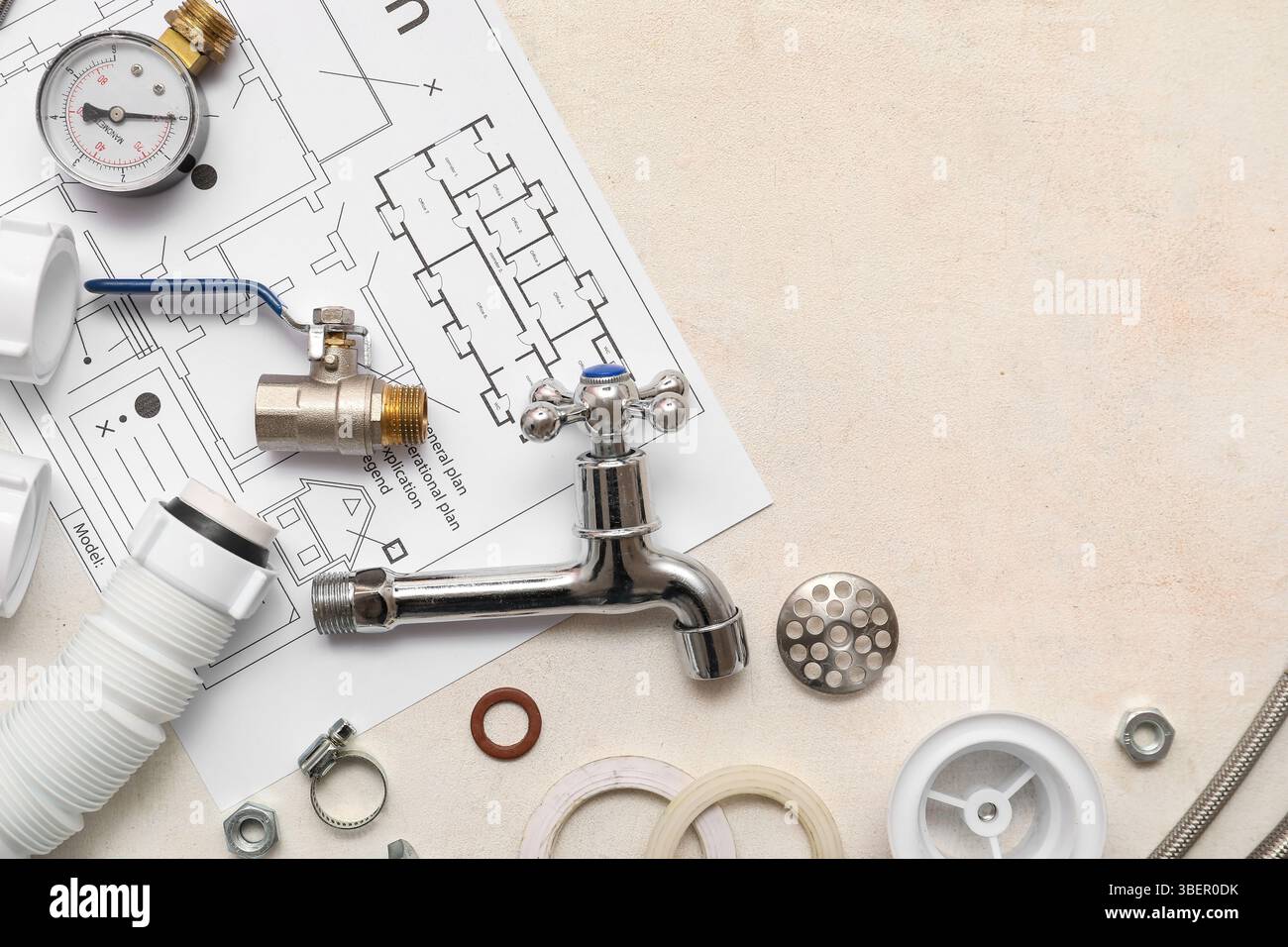 Set of plumber's items with house plan on white grunge background Stock ...