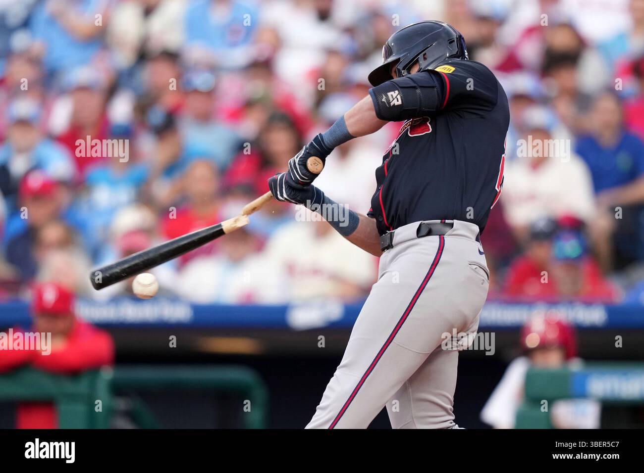 Atlanta Braves' Austin Riley breaks his bat on a ground out against ...