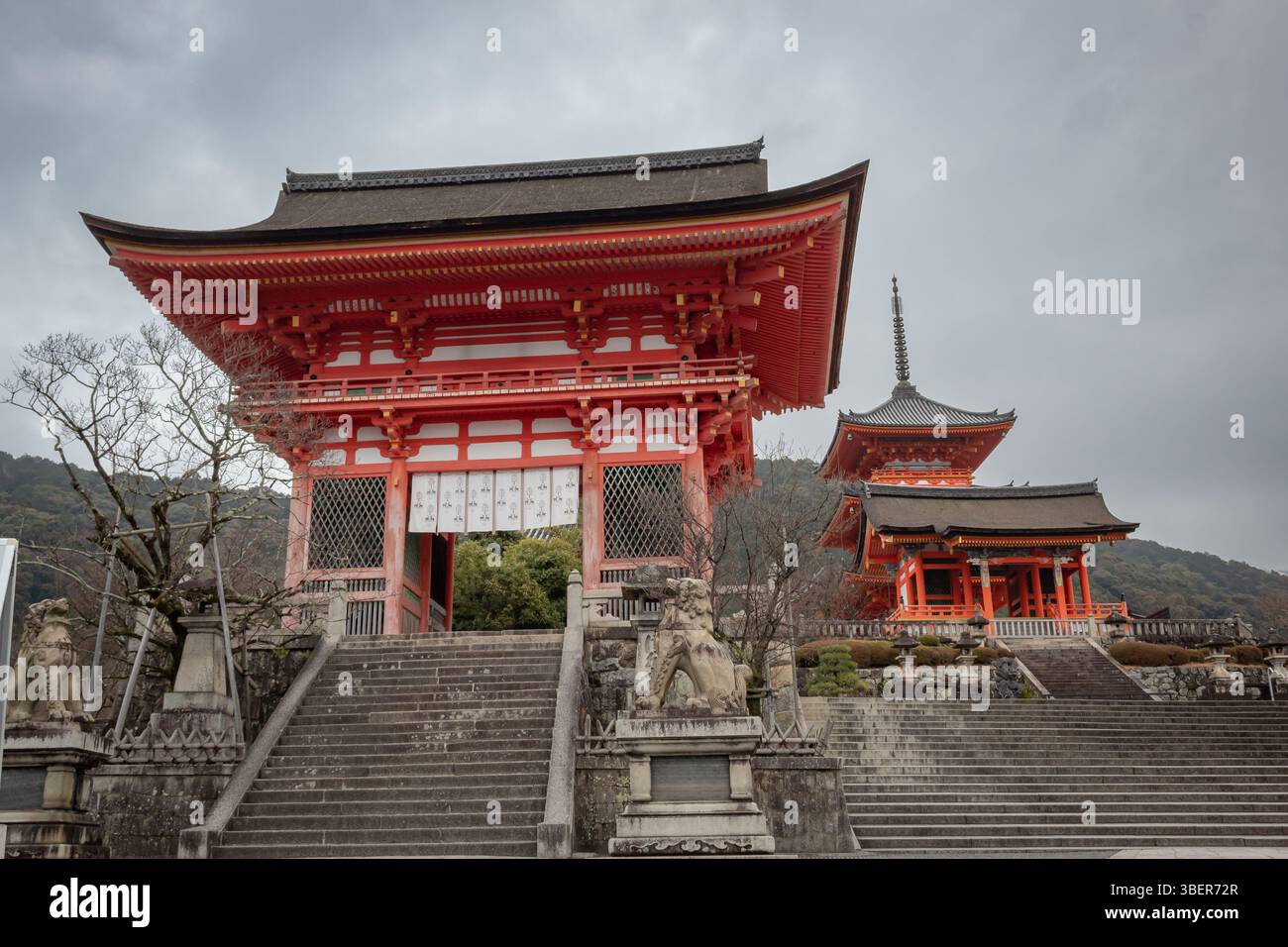 Red Japanese wooden temple building and traditional Buddhist ...