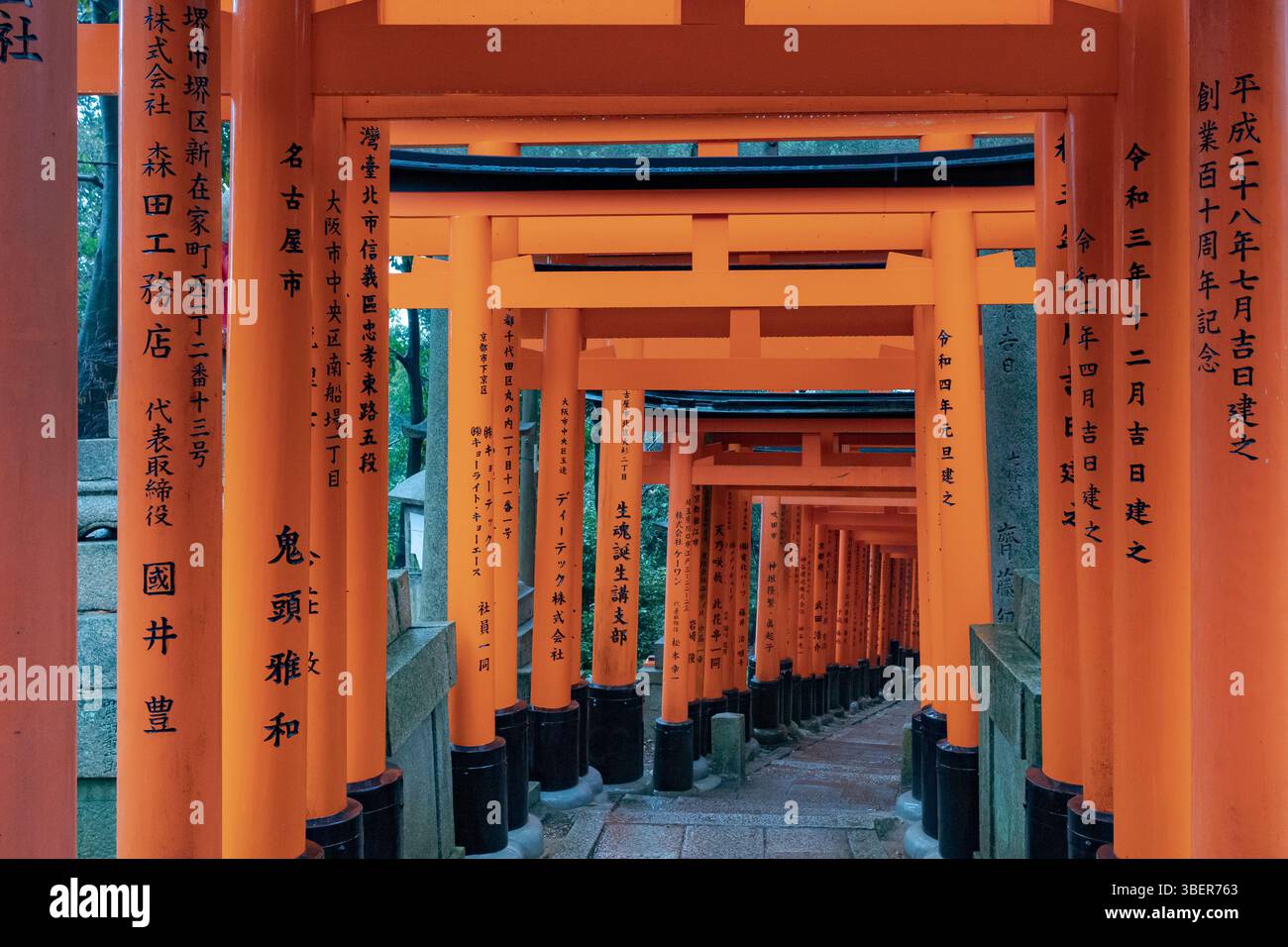 Red traditional Japanese temple torii gates architecture at the Fushimi ...