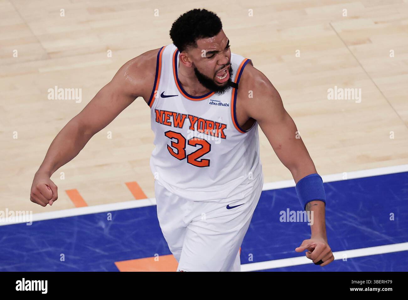 New York Knicks center Karl-Anthony Towns (32) reacts during the second ...