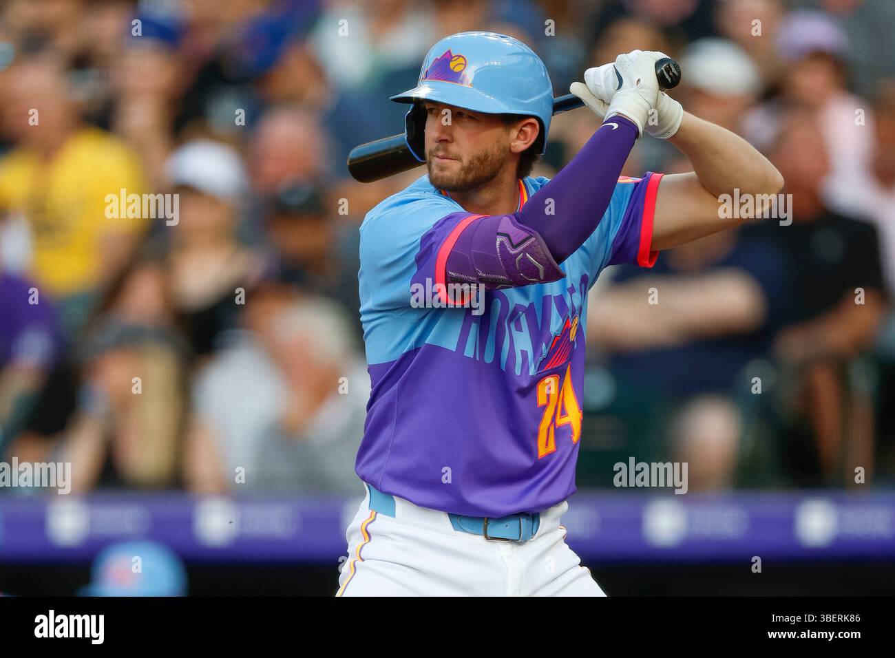 Ryan McMahon #24 of the Colorado Rockies waits for a pitch during a ...