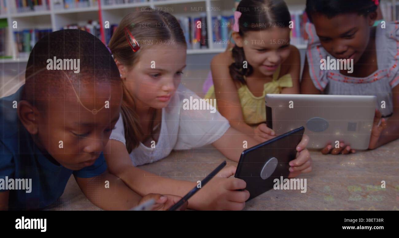 Image of graph over diverse pupils using tablets at school Stock Photo ...