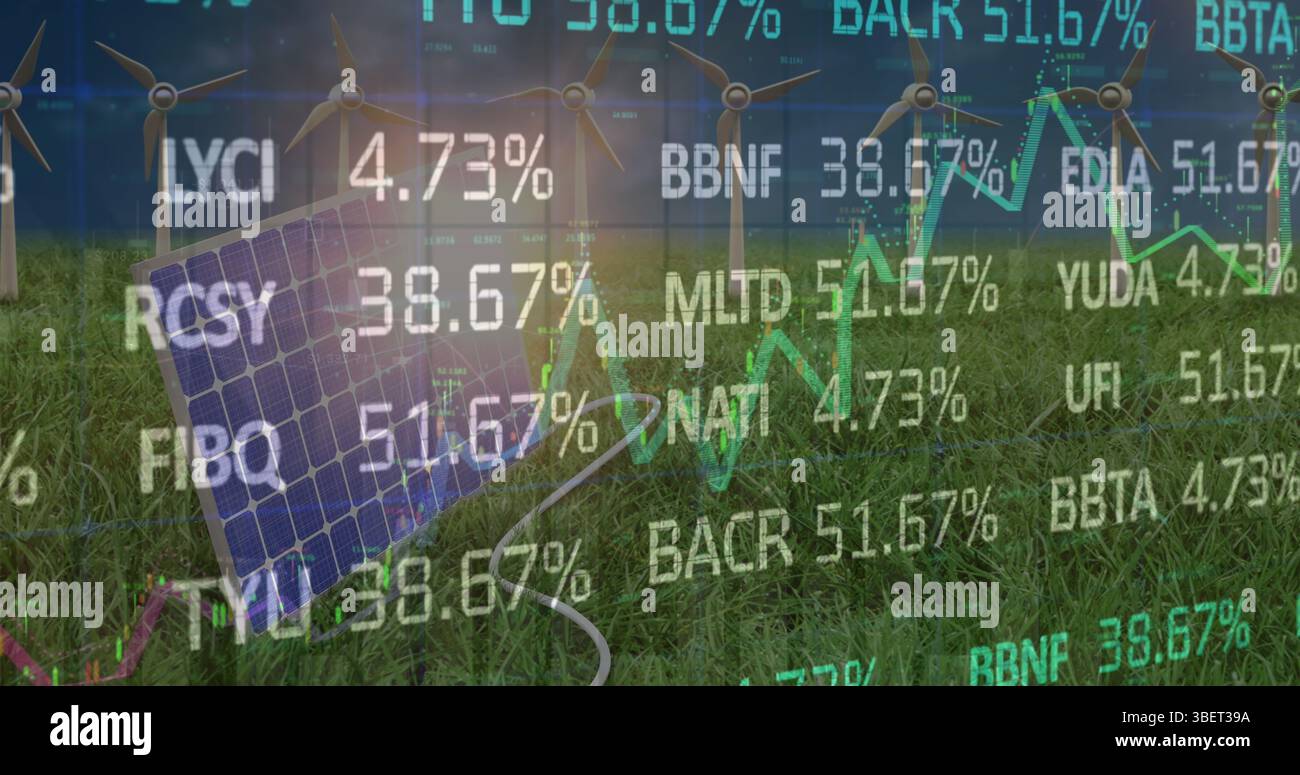 Image of financial data and graphs over solar panels Stock Photo - Alamy