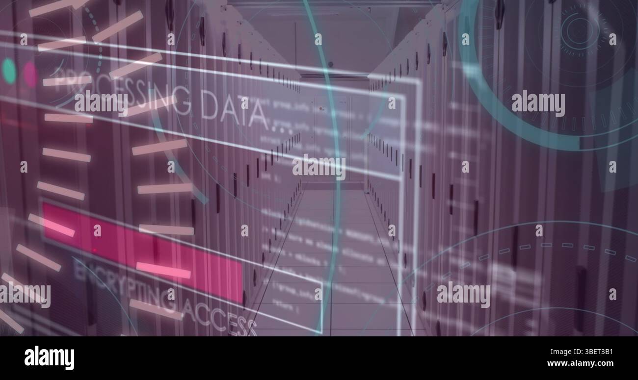 5g text, round scanners and data processing against empty computer server room Stock Photo - Alamy