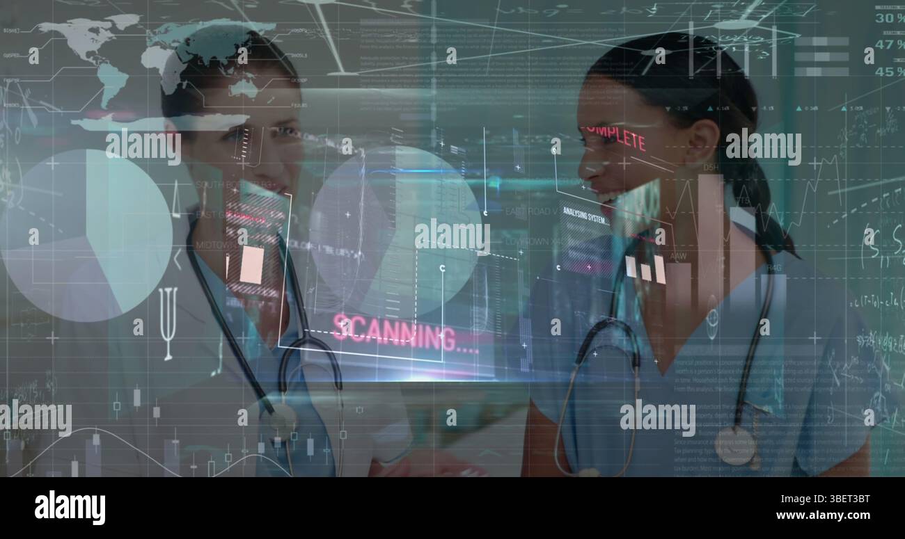 Image of data processing over diverse female doctors talking Stock ...