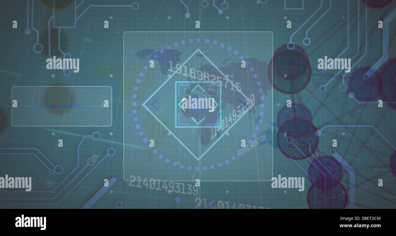 Image of changing numbers and microprocessor connections over world map against blue background ...