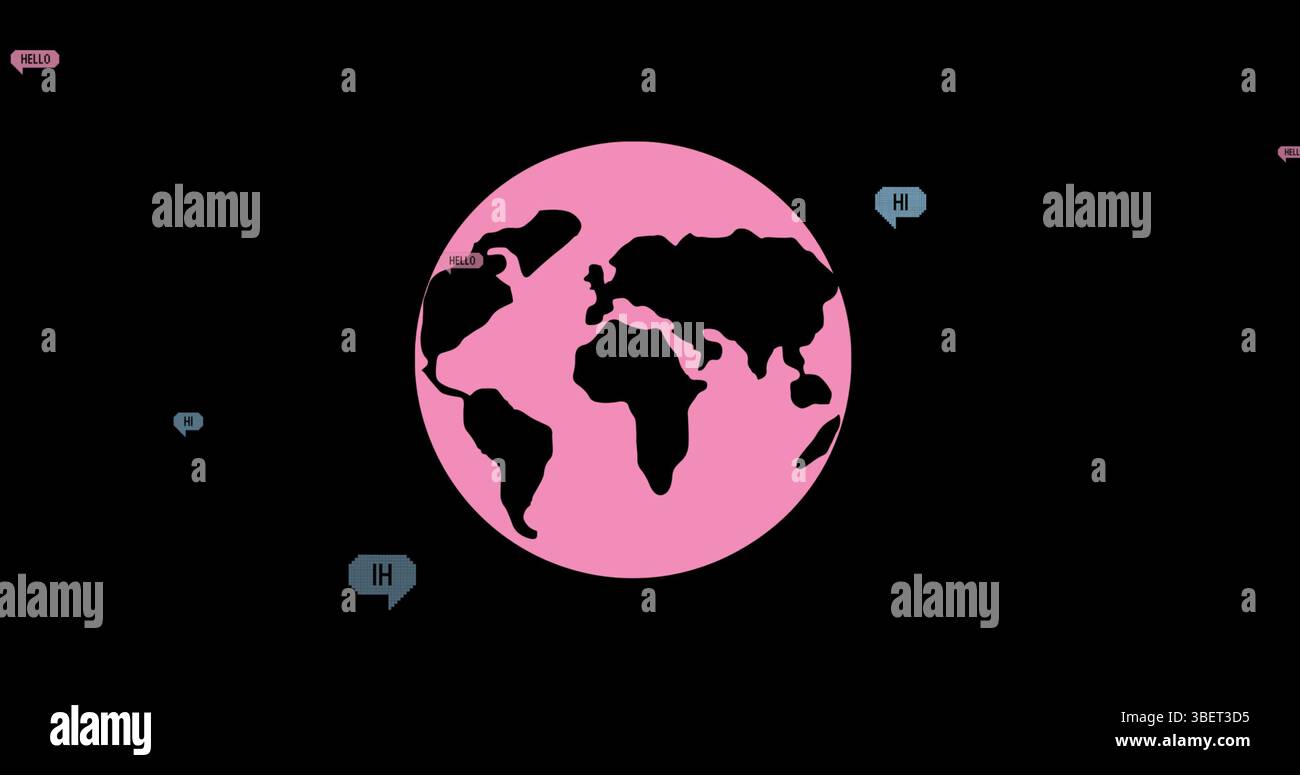 Image of falling hello text over pink globe on dark background Stock ...