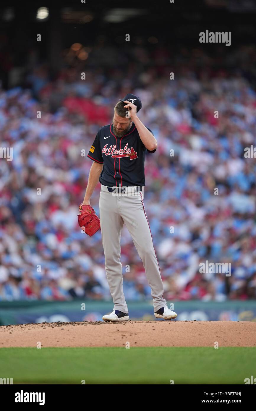 Atlanta Braves' Chris Sale reacts during the second baseball game of a ...