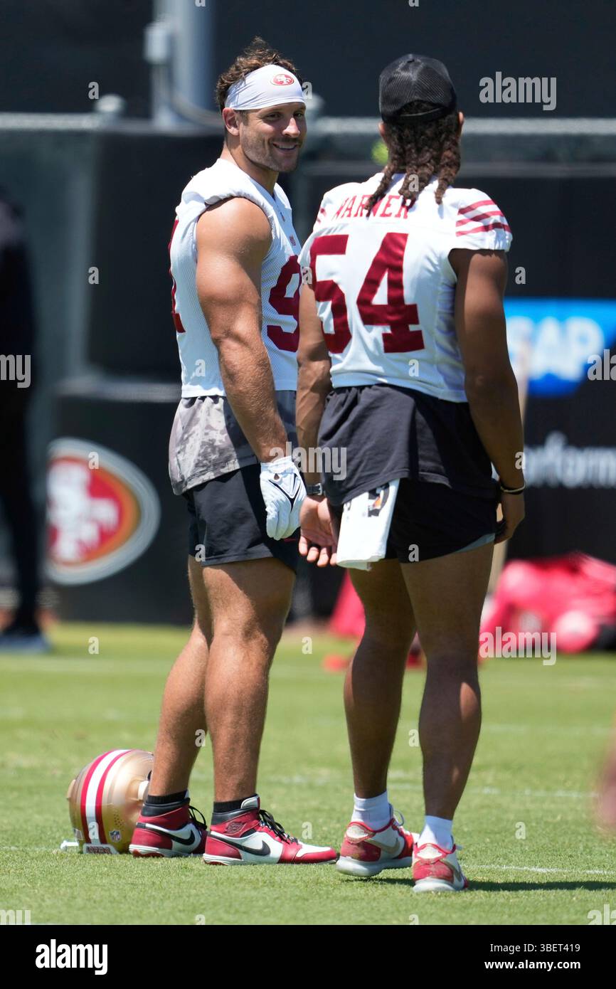 San Francisco 49ers defensive end Nick Bosa, left, and linebacker Fred ...