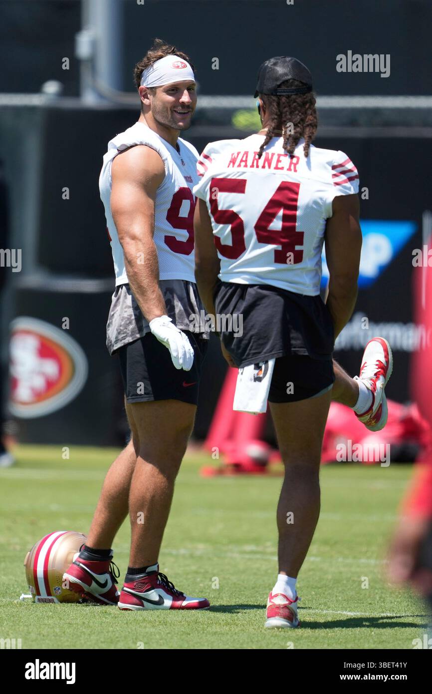 San Francisco 49ers defensive end Nick Bosa, left, and linebacker Fred ...