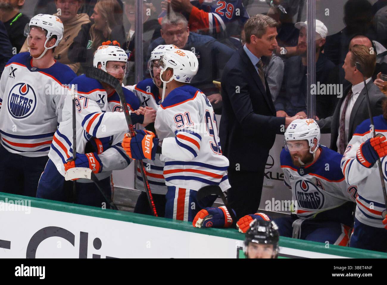 Edmonton Oilers players celebrate after winning Game 5 of the Western ...