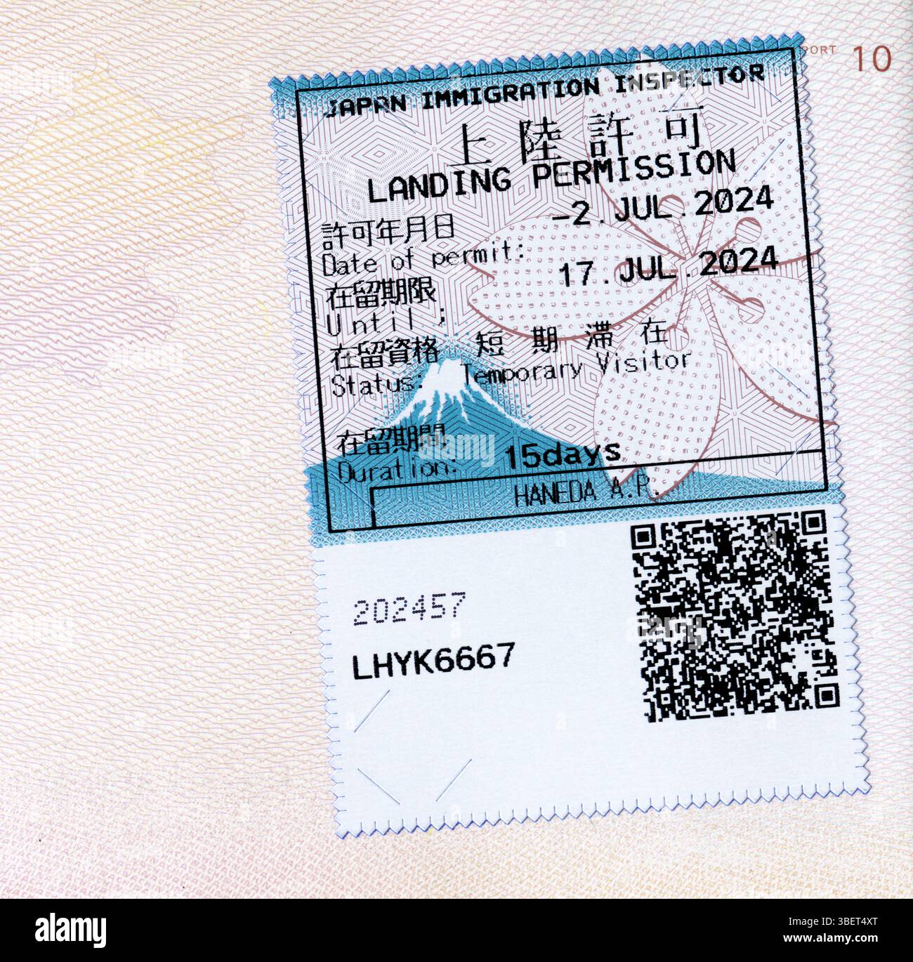 Japan Landing Permission Stamp with Temporary Visitor Status Stock ...