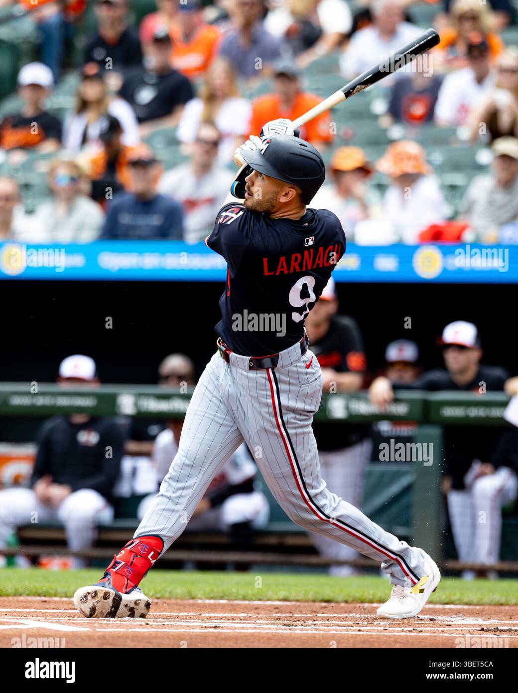 Minnesota Twins Tevor Larnach makes contact with the pitch against the ...