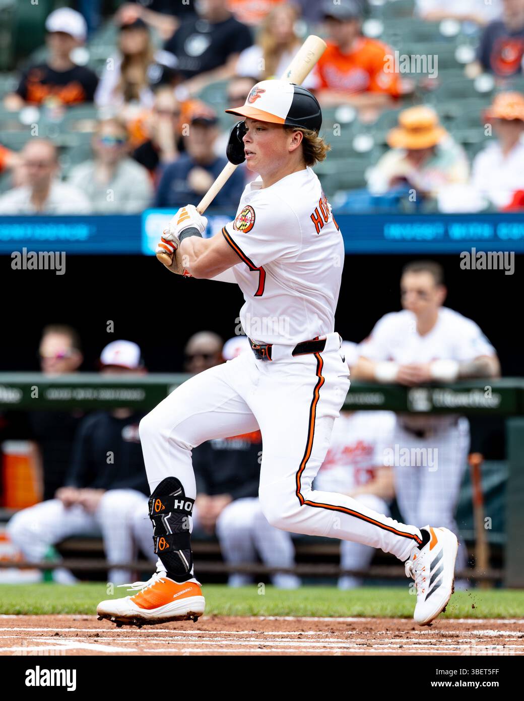 Baltimore Orioles’ Jackson Holliday makes contact with the pitch ...