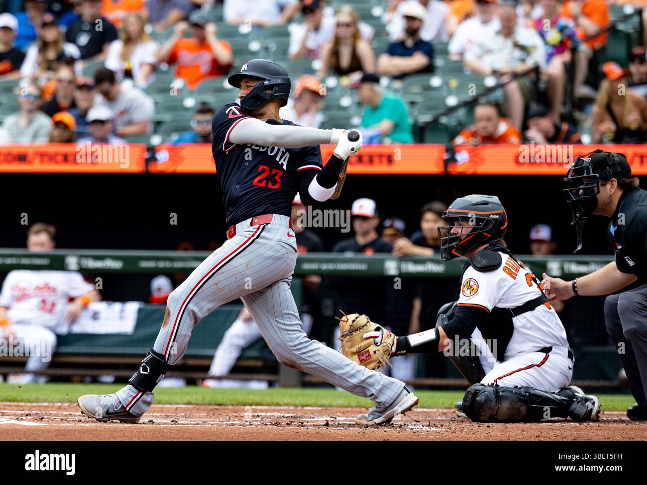 Minnesota Twins Royce Lewis makes contact with the pitch against the ...
