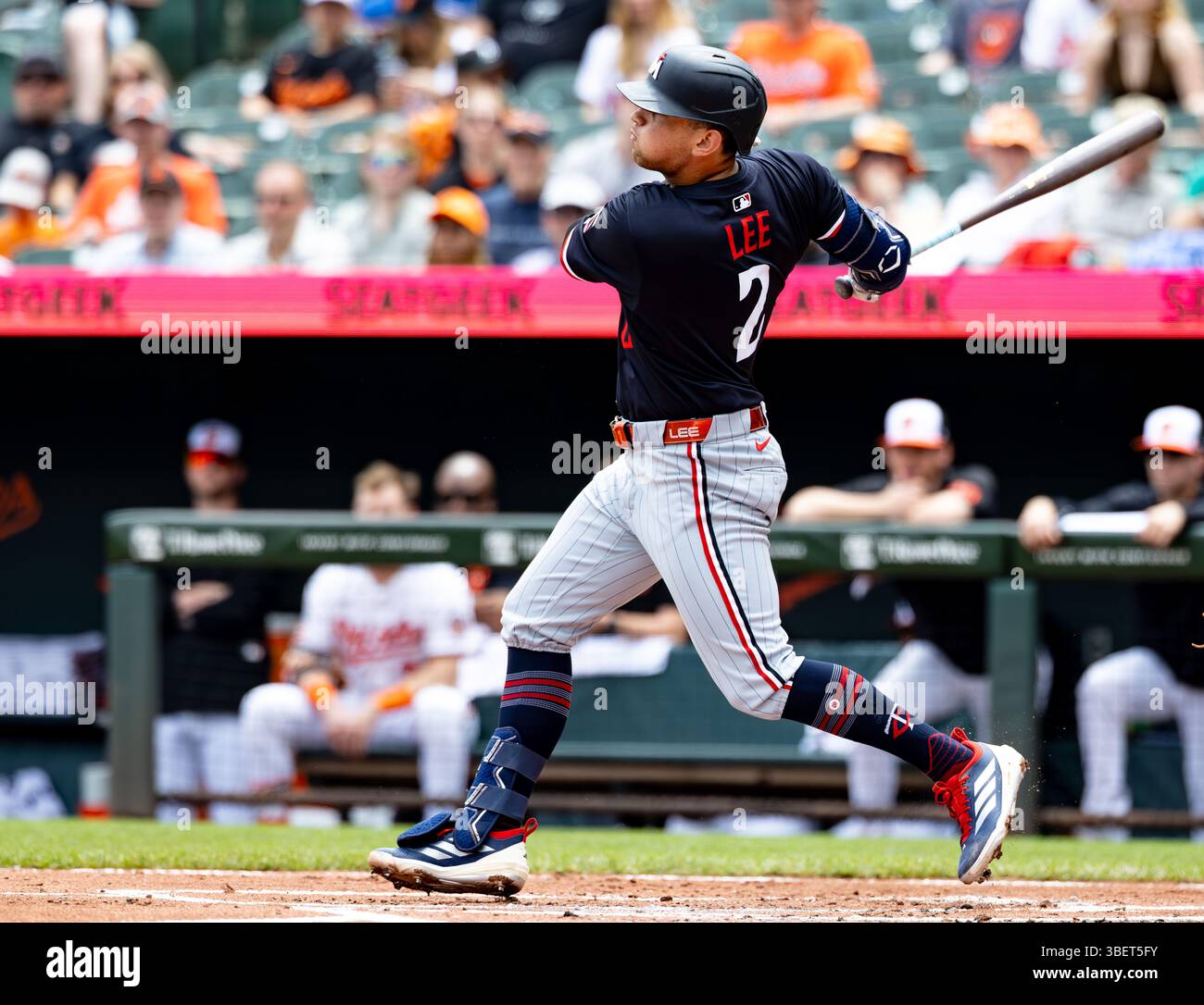 Minnesota Twins Brooks Lee makes contact with the pitch against the ...