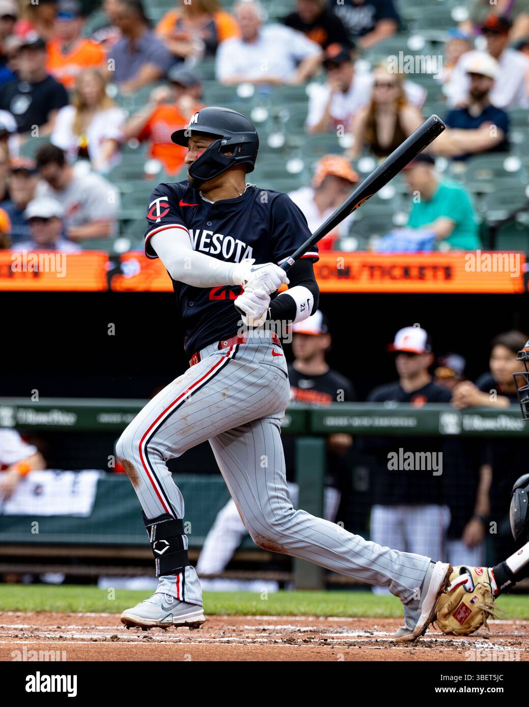 Minnesota Twins Royce Lewis makes contact with the pitch against the ...