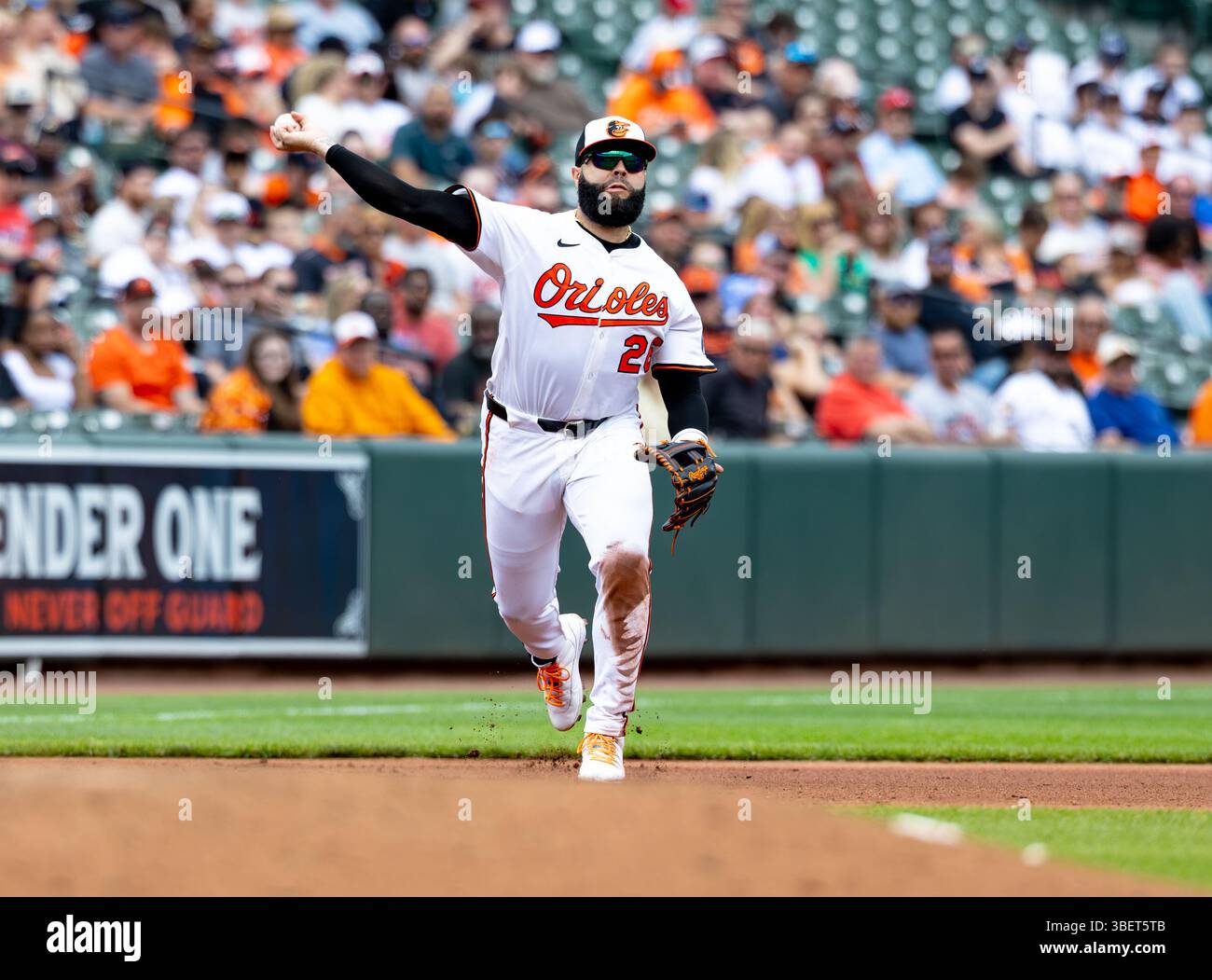 Baltimore Orioles third baseman Emmanuel Rivera makes the throw to ...
