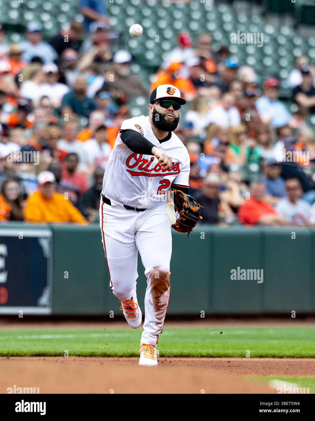 Baltimore Orioles third baseman Emmanuel Rivera makes the throw to ...