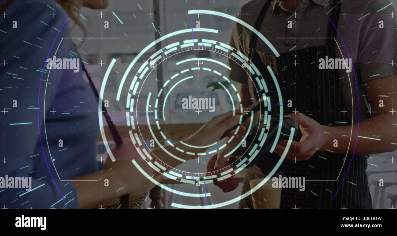 Image of processing circle over hands of caucasian people using payment ...