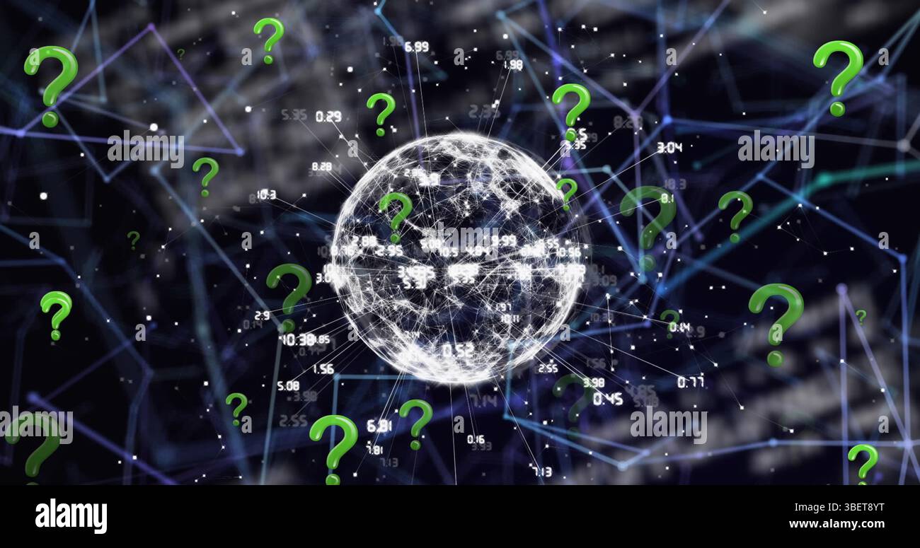 Image of question mark icons over network of connections and data processing on black background ...