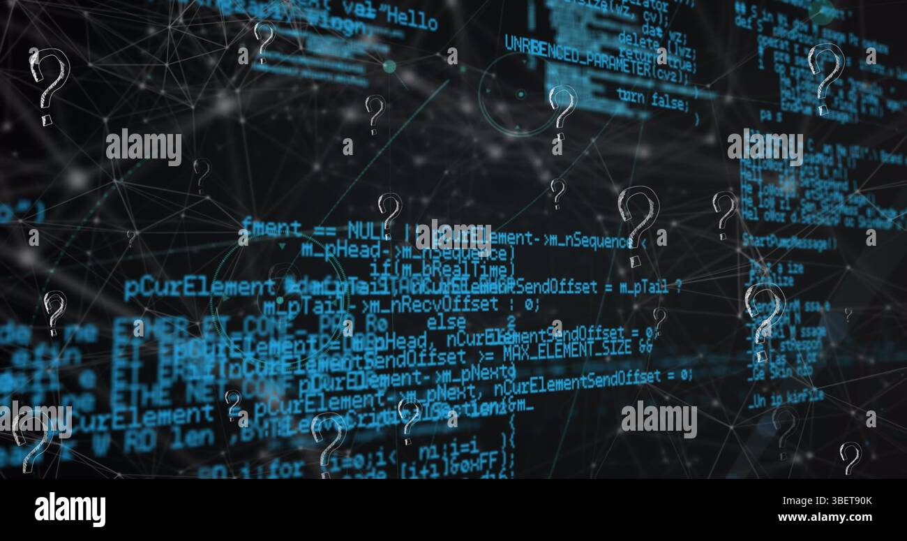 Image of question mark icons over network of connections and data processing on black background ...