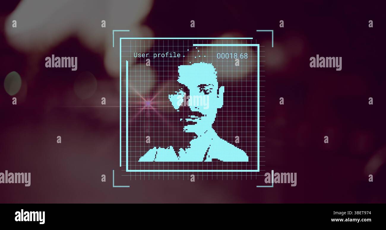 Image of data processing with people portraits over light spots on ...
