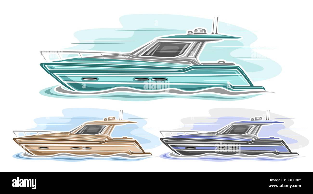 Vector Speedboat Set, horizontal nautical poster with 3 isolated ...