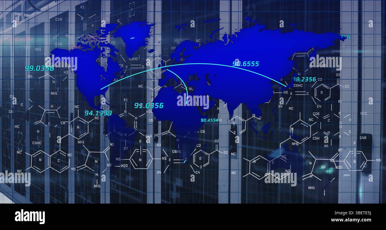 Image of numbers, world map and chemical formulas over server room ...