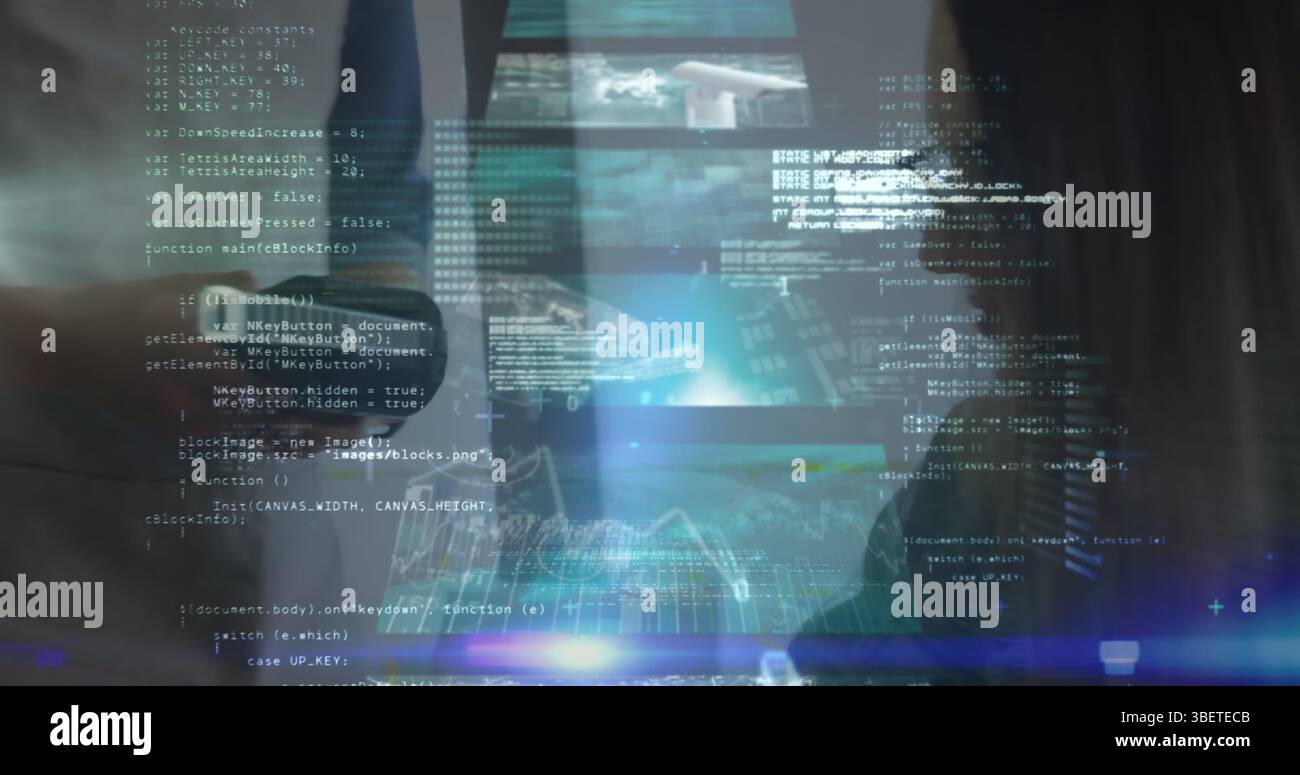 Image of connections, data processing and digital screens over woman ...