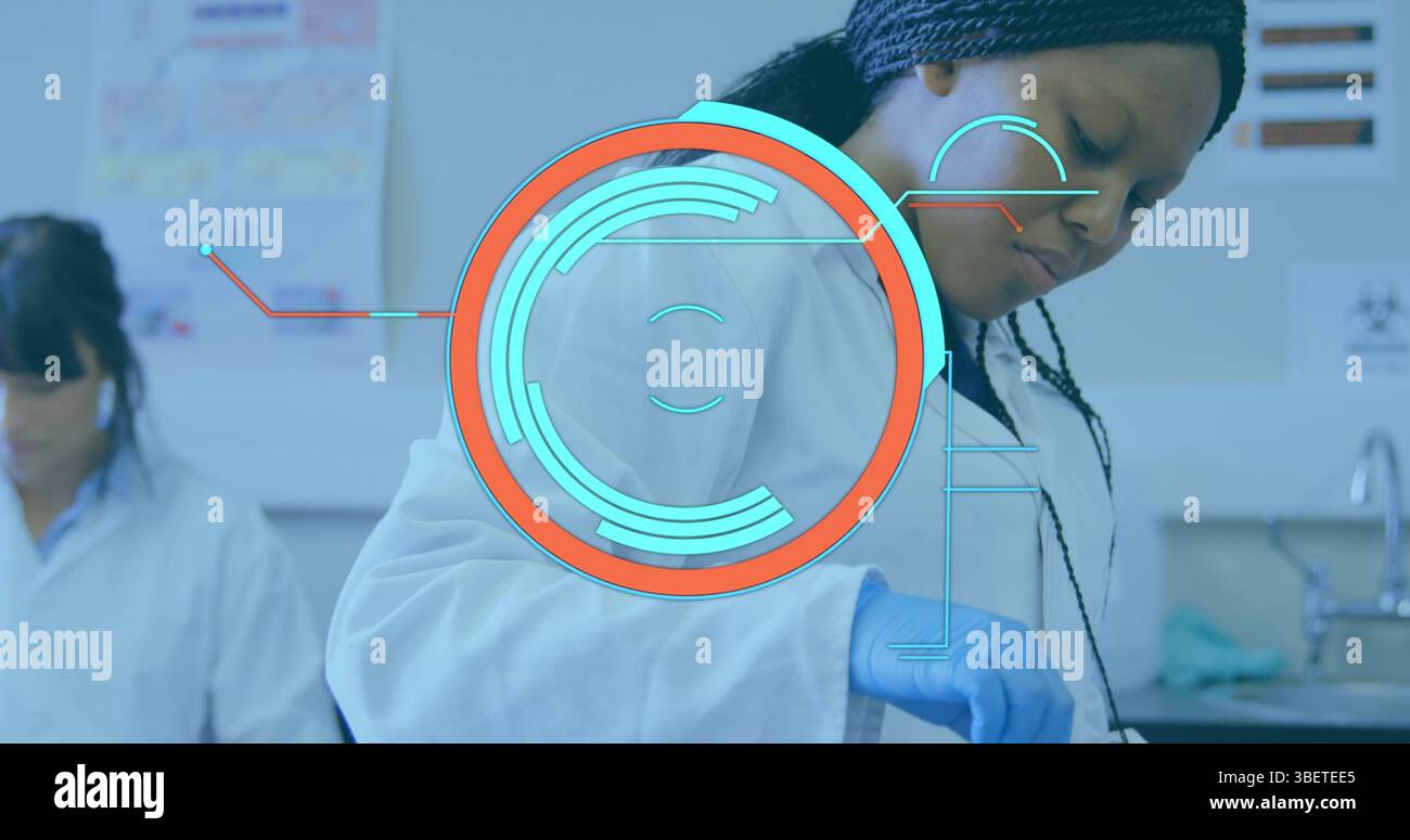 Image of round scanner over african american female scientist working ...
