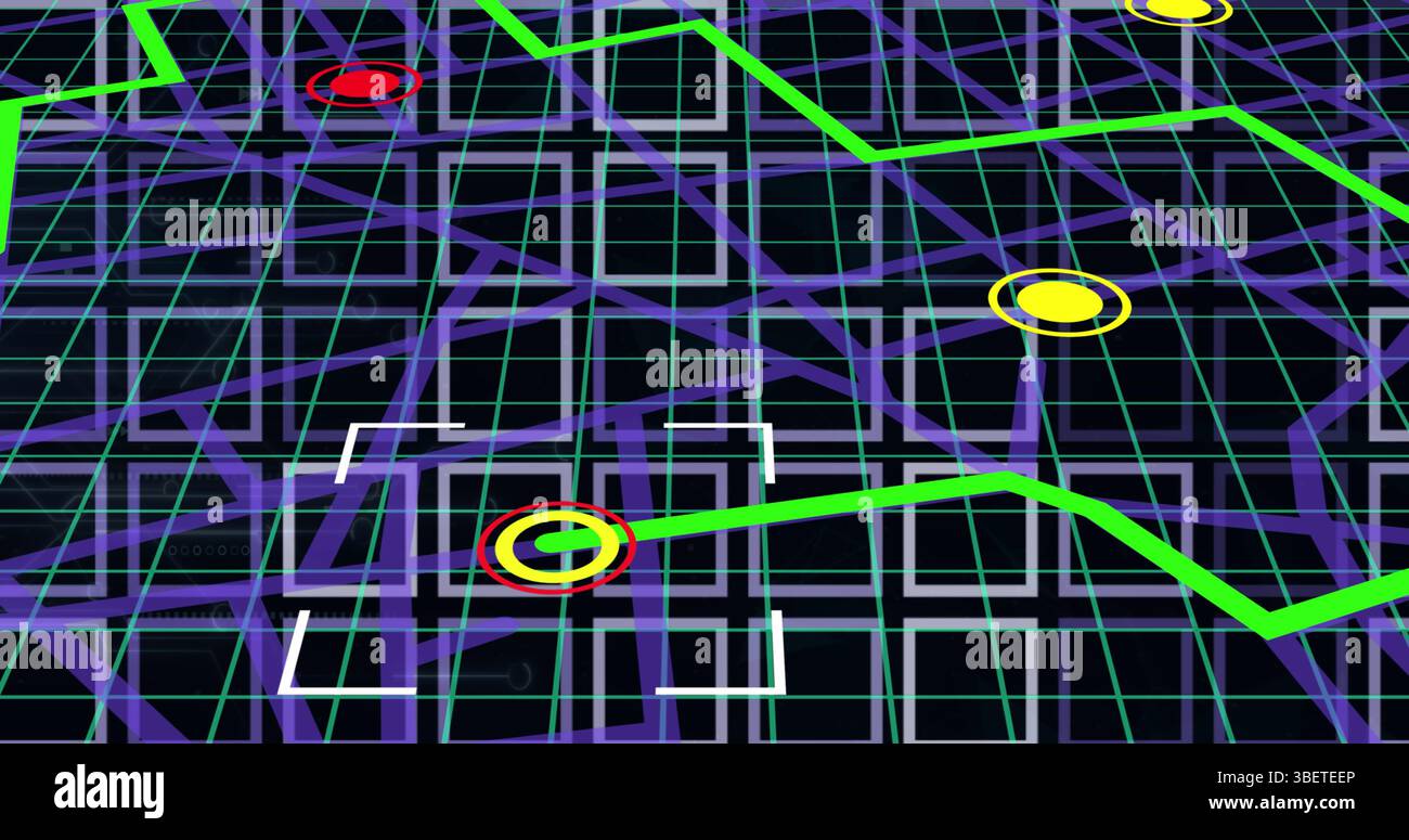 Image of squares over city map on black background Stock Photo - Alamy