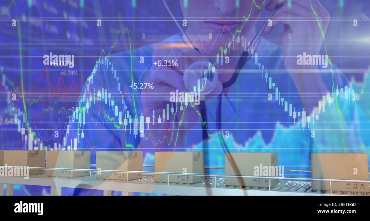 Image of data processing and boxes on conveyor belt over caucasian ...