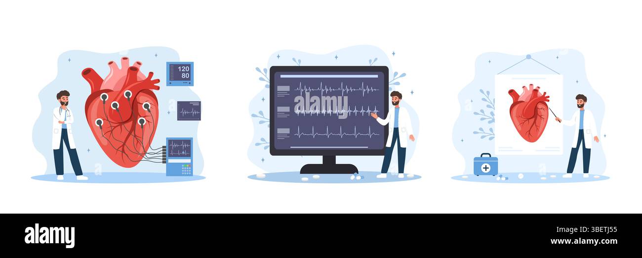 Cardiology concept. Male doctor check ECG, EKG, cardiogram and ...