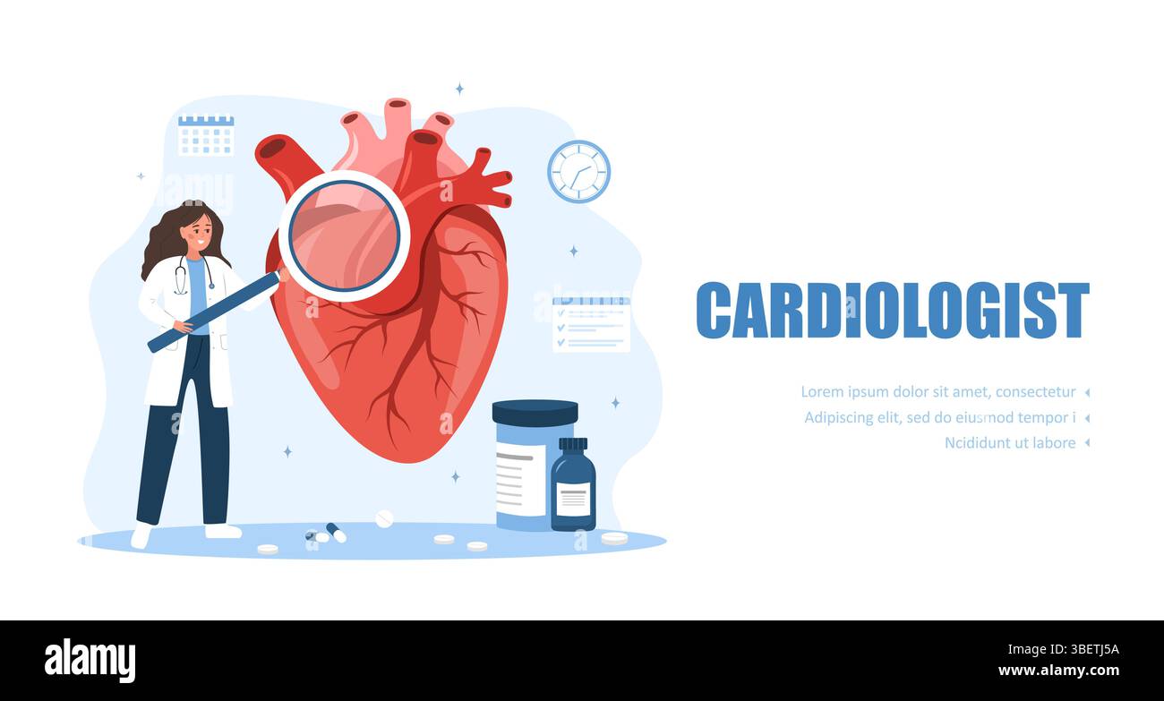 Cardiologist concept. Heart health. Female doctor with large magnifier ...