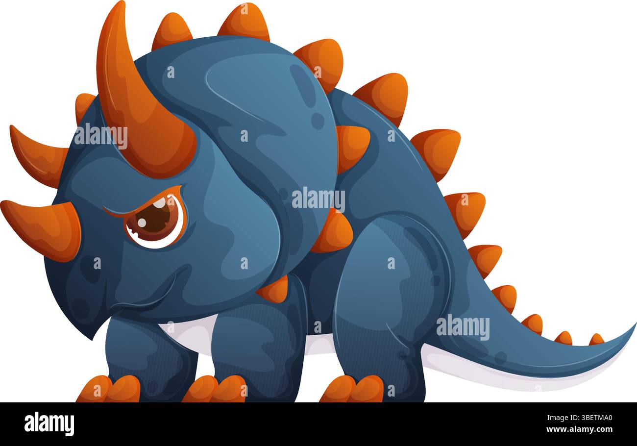 This image features a blue cartoon triceratops. It has large orange ...