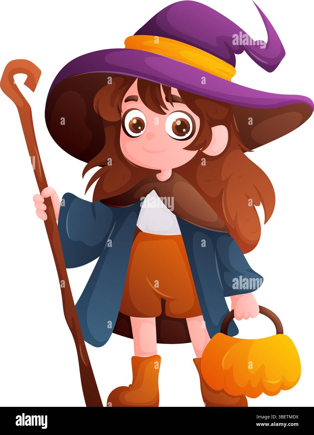 A cute cartoon witch is ready for Halloween, wearing a purple hat, a ...
