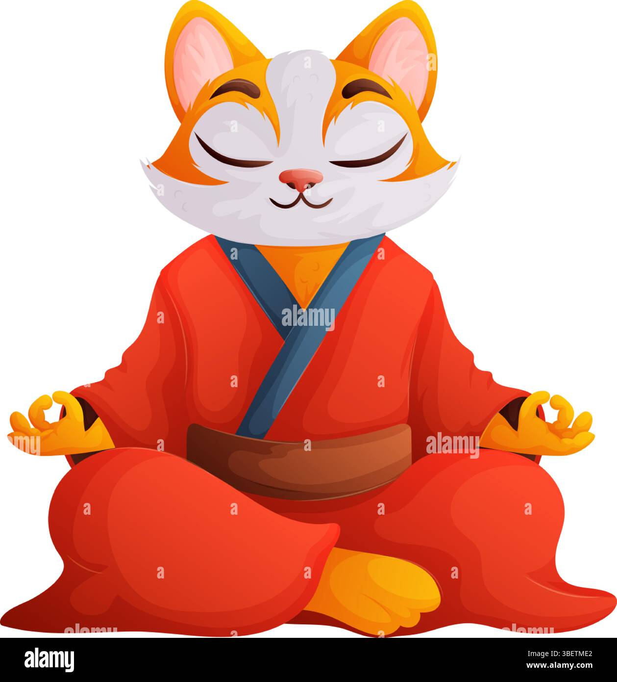 Cute cartoon fox in red kimono meditating in lotus position. The ...