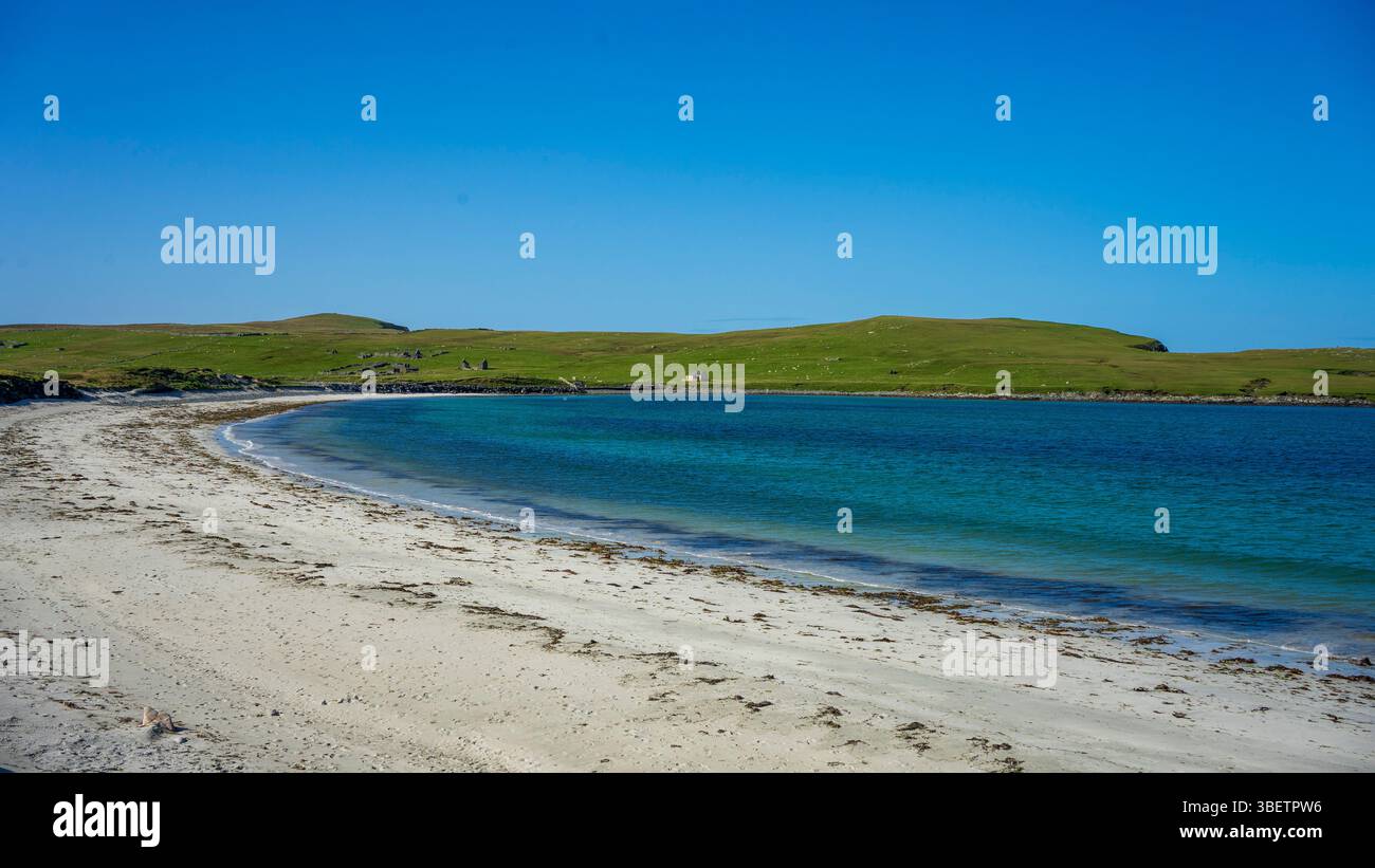 Banna Minn Beach, Shetland—calm spring day with blue skies and still ...
