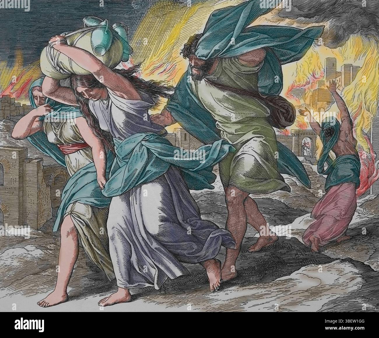Old Testament. Lot flees Sodom. Genesis. Illustration by J. Schnorr von ...