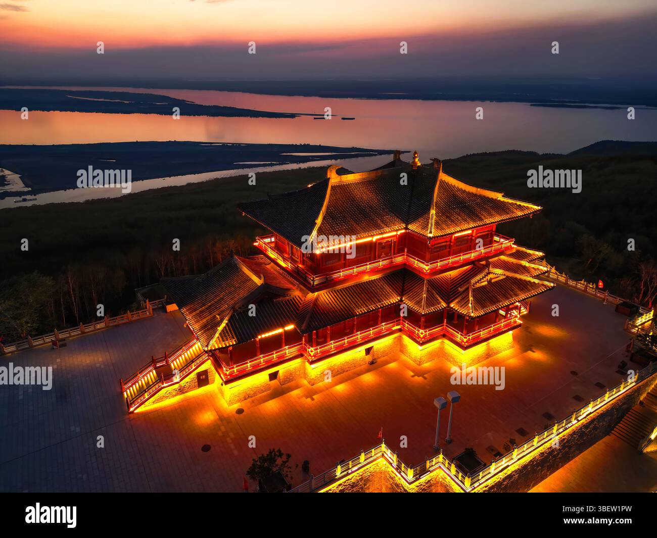 Aerial view of Donggeji pavilion of Fuyuan city is the most eastern ...