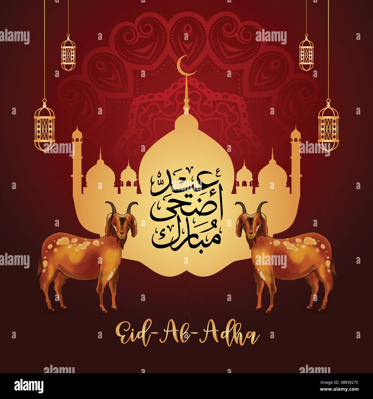 Festive Eid al-Adha Vector Template with Mosque Silhouette and Goats ...