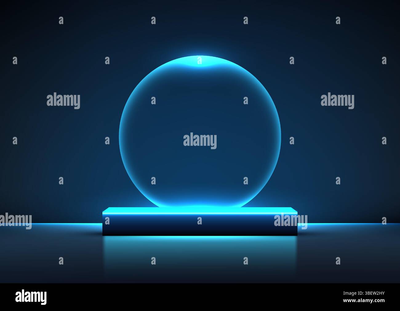 Glowing cyan sphere hovers above a rectangular platform in a dark blue ...
