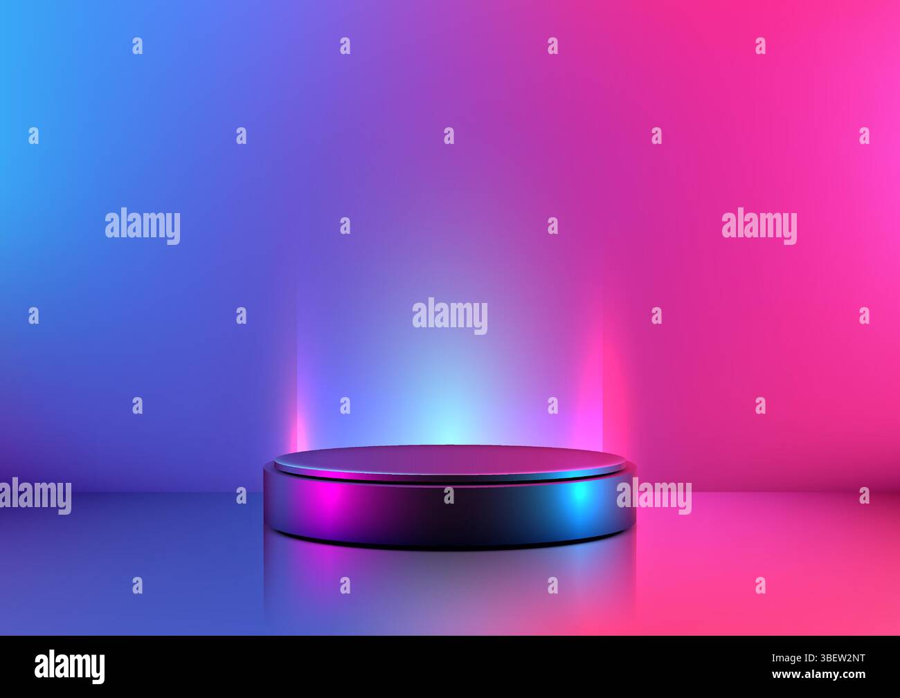 futuristic neon lit stage with 3d circular platform glowing in vibrant blue and pink hues ...